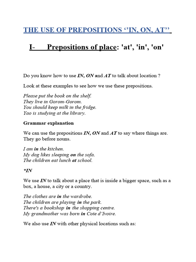 LESSON USE OF IN, ON, AT PREPOSITIONS | PDF | English Language | Preposition And Postposition