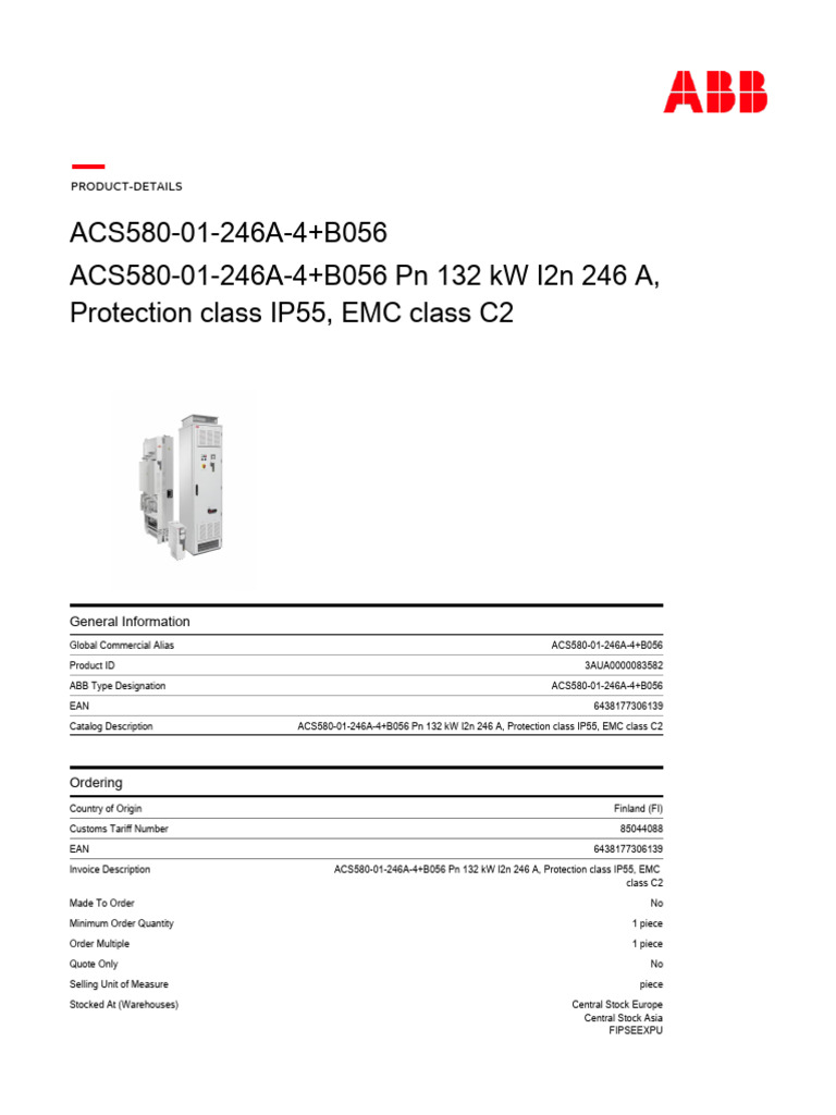 Armario 3AUA0000083582 Acs580 01 246a 4b056 PN 132 KW I2n 246 A Protection Class Ip55 Emc Class ...