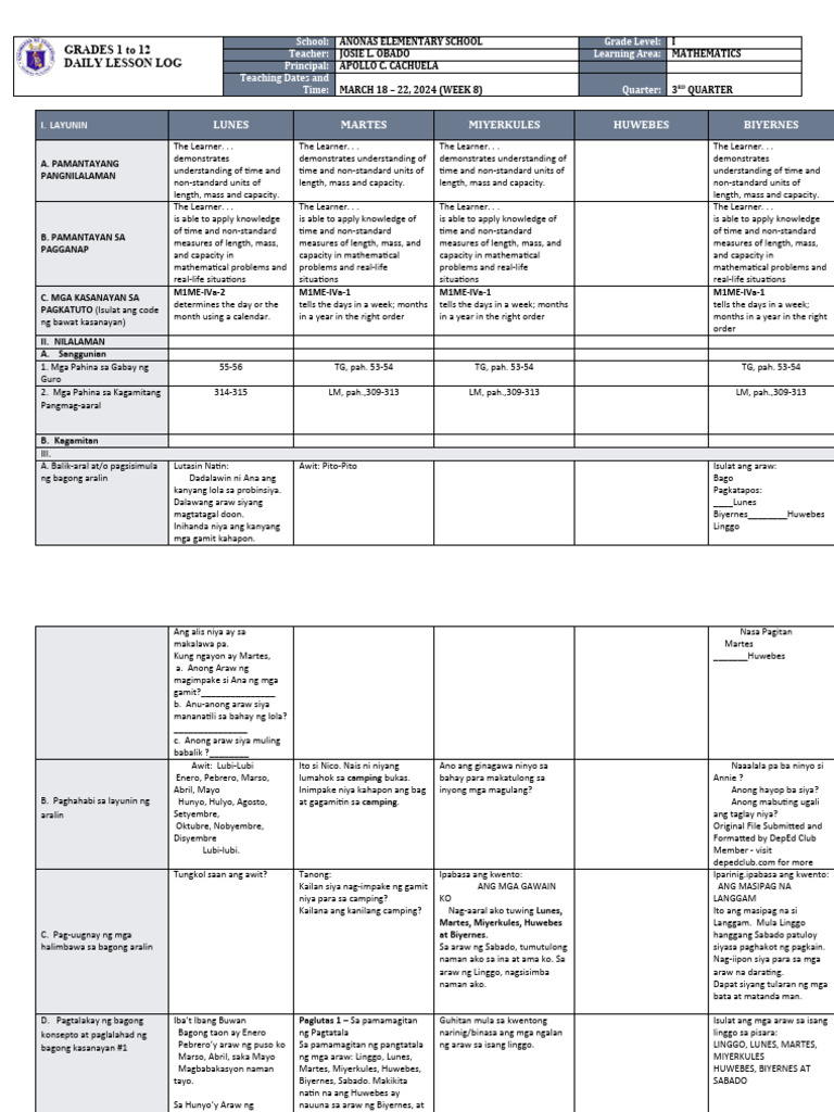 DLL - Mathematics 1 - Q3 - W8 | PDF