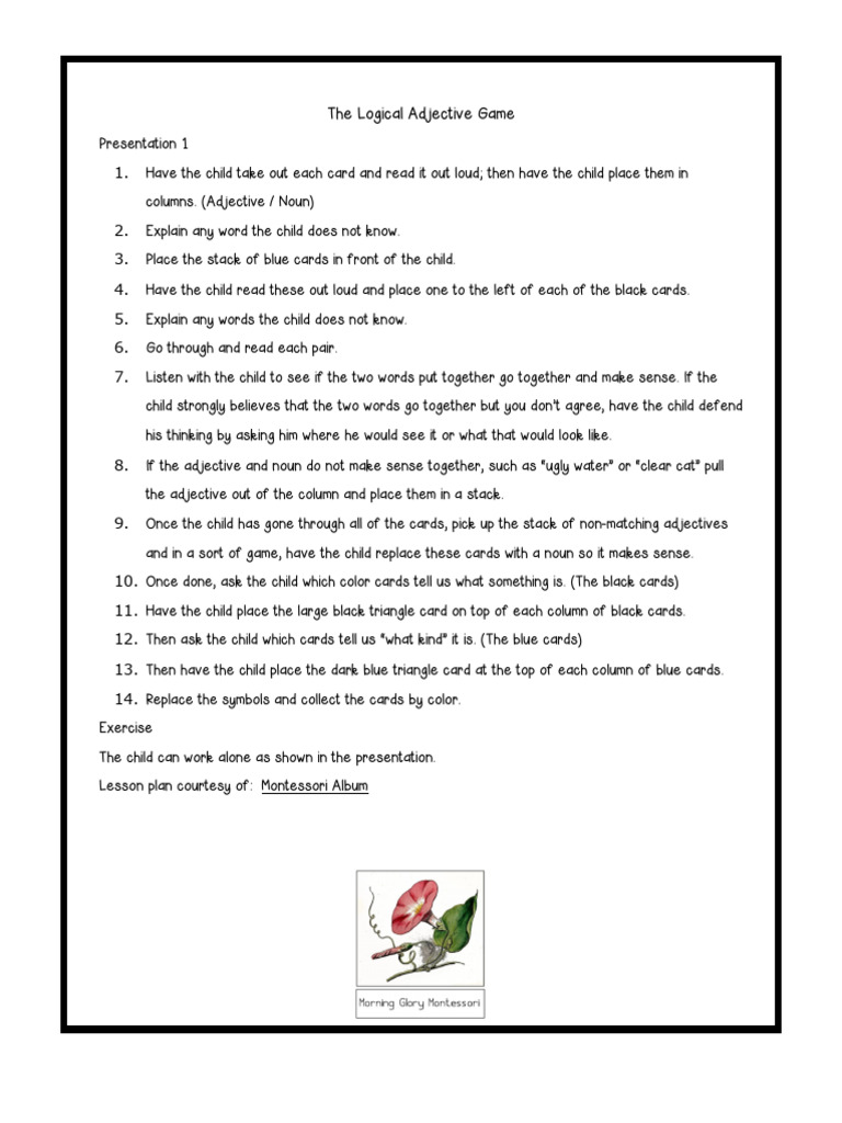 Montessori Adjective-Noun Game Guide | PDF | Adjective | Noun