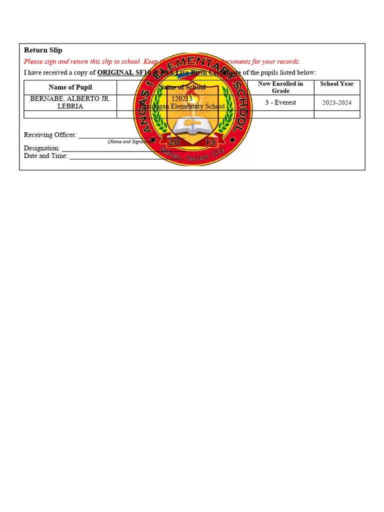 School Return Slip Template | PDF