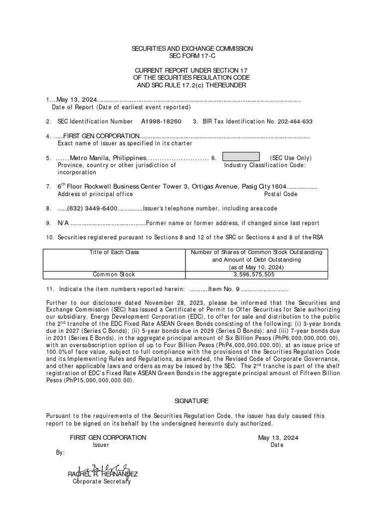 First Gen Corp SEC Form 17-C Report | PDF | Securities (Finance ...