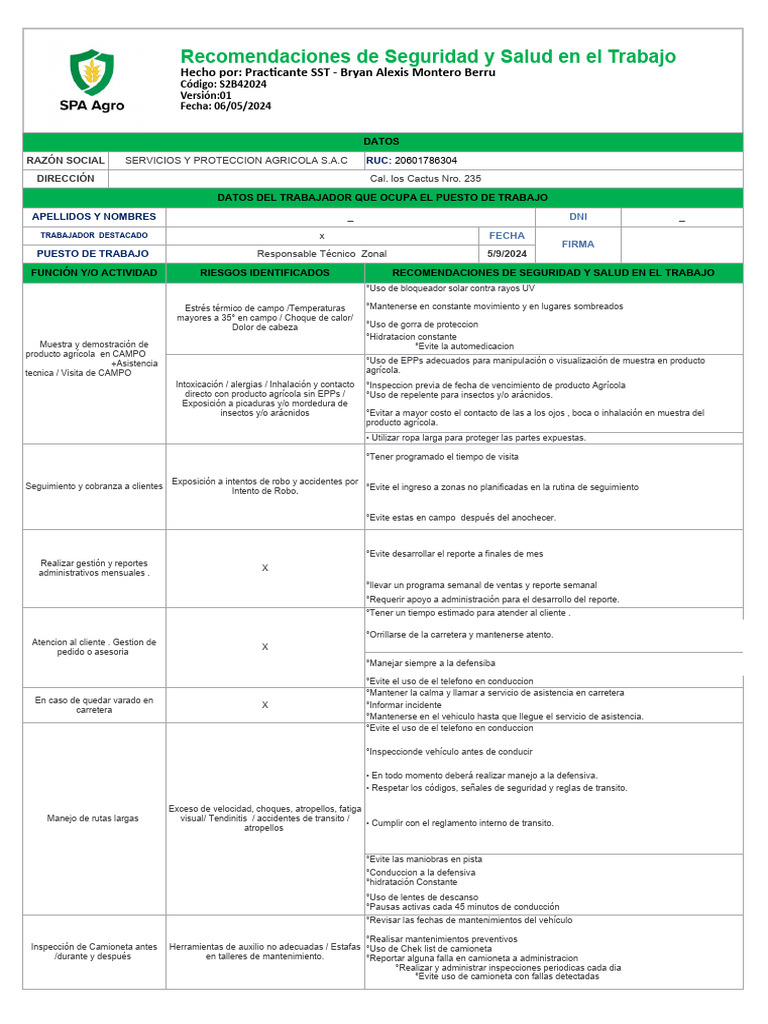 Recomendaciones de Seguridad y Salud en el Trabajo | PDF
