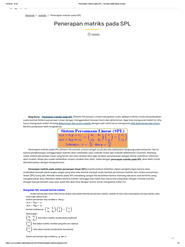 Penerapan Matriks Pada SPL Konsep Matematika (KoMa) | PDF