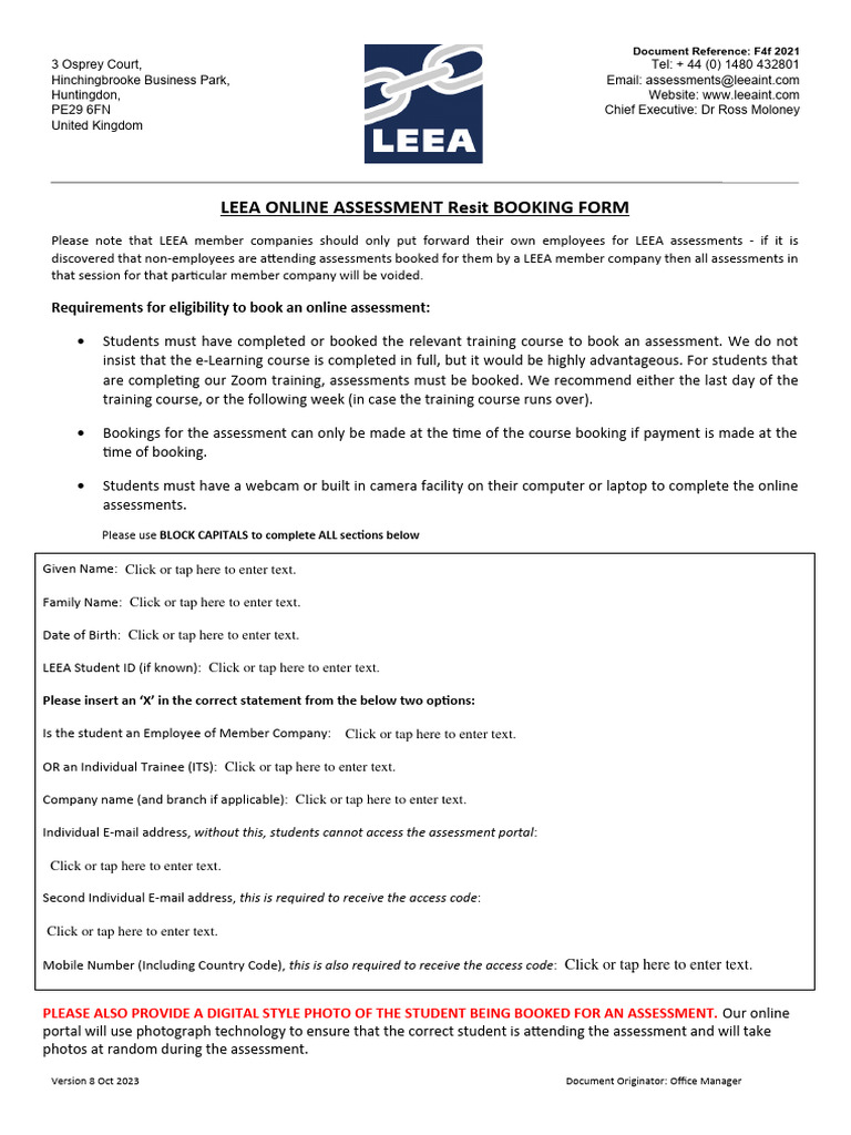 F4f 2021 LEEA Online Assessment Resit Booking Form - Version 8 Oct 2023 ...