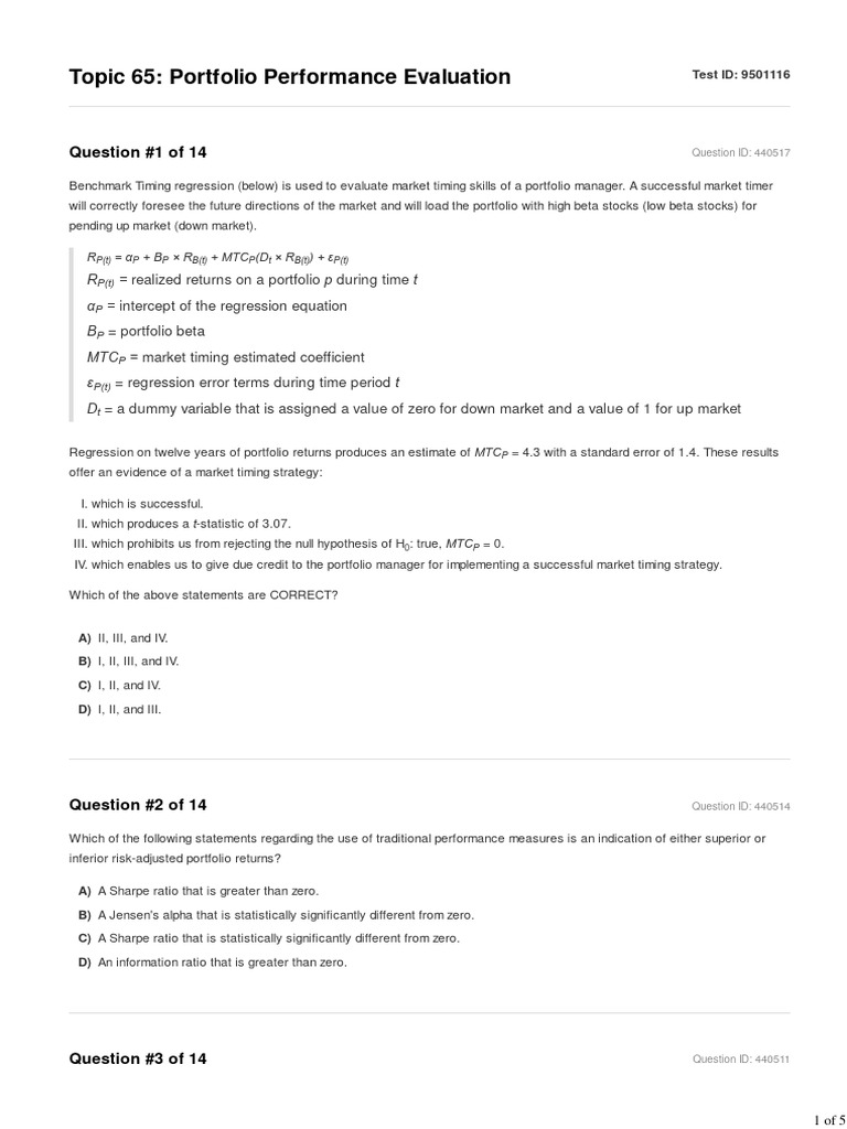 Topic 65 - Portfolio Performance Evaluation Question | PDF | Statistical Significance | Sharpe Ratio