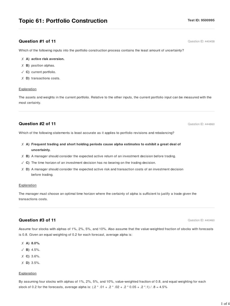 Topic 61 - Portfolio Construction Answer | PDF | Risk | Risk Aversion