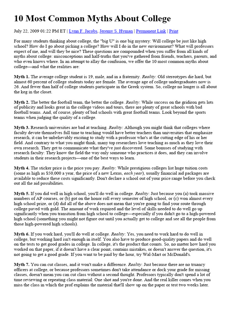 10 Most Common Myths About College | PDF | College