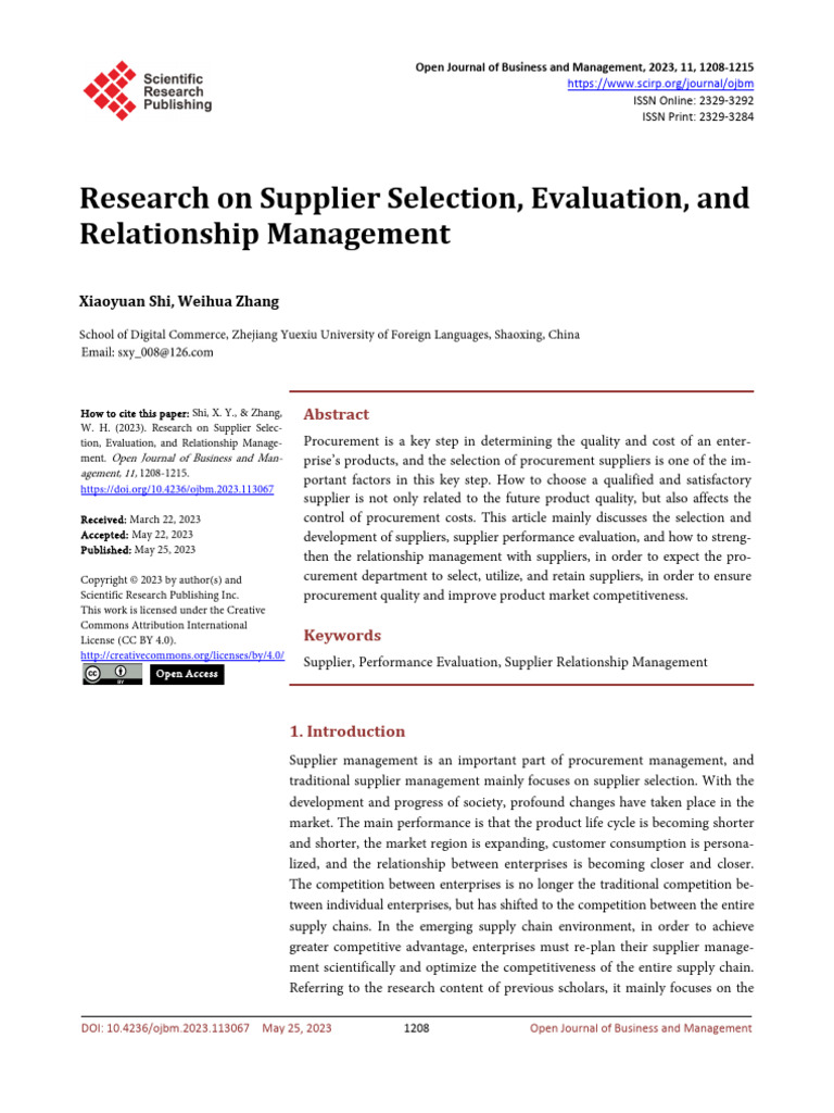 Research On Supplier Selection, Evaluation, and Relationship Management | PDF | Supply Chain ...