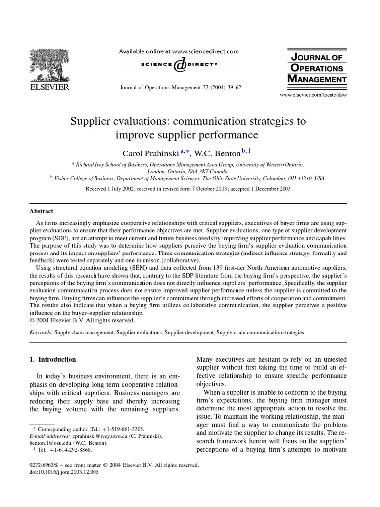 12. Supplier evaluations - communication strategies improve supplier perfromance | PDF | Supply ...