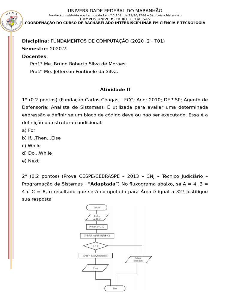 Atividade II | Download grátis PDF | Diploma de bacharel | Algoritmos
