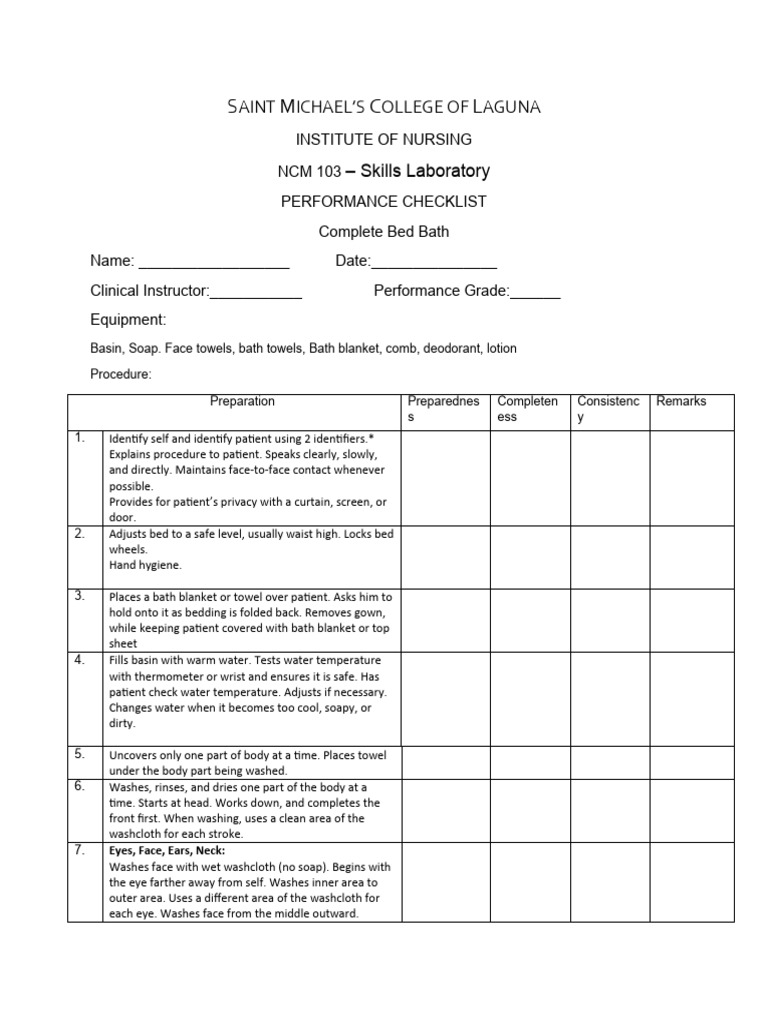 Checklist Bedbath | PDF | Hand Washing | Foot