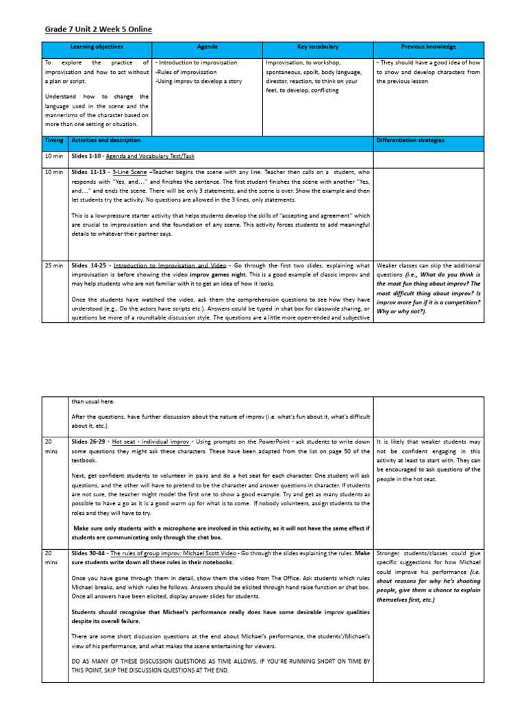 G7U2L5 Online - Lesson Plan | PDF | Improvisational Theatre | Improvisation