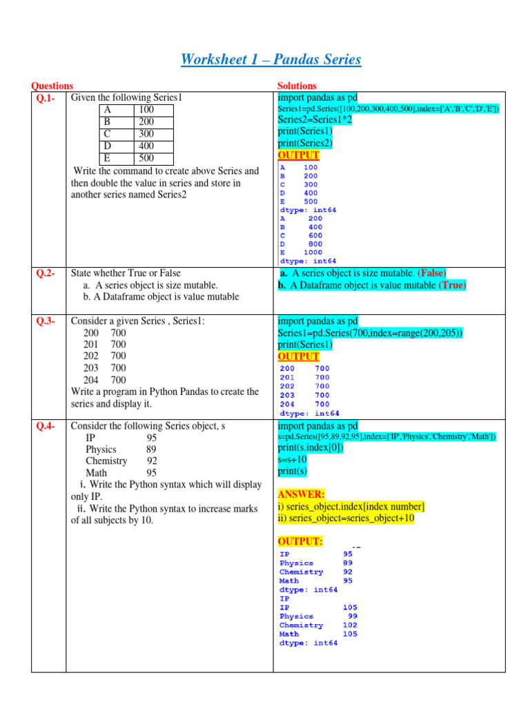 Super 40 - Pandas Series Worksheet 1 - Answers | PDF | Computer Programming | Computing