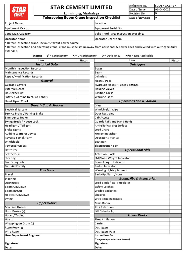 Telescoping Boom Crane Inspection Checklist | PDF | Crane (Machine ...