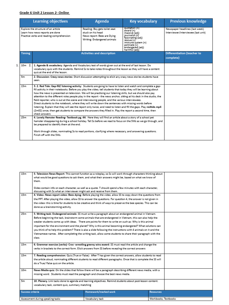 G6U2L2 Lesson Plan (New) | Download Free PDF | Vocabulary | Reading Comprehension