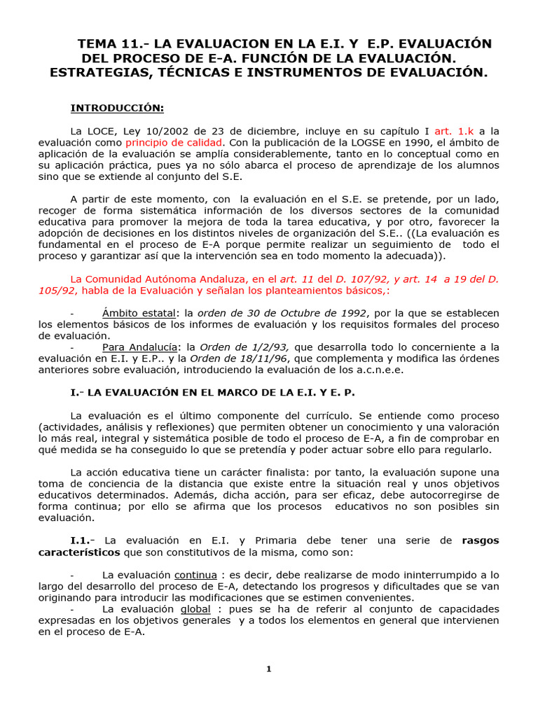 Tema 11. - La Evaluacion en La E.I. y E.P | PDF | Evaluación | Aprendizaje
