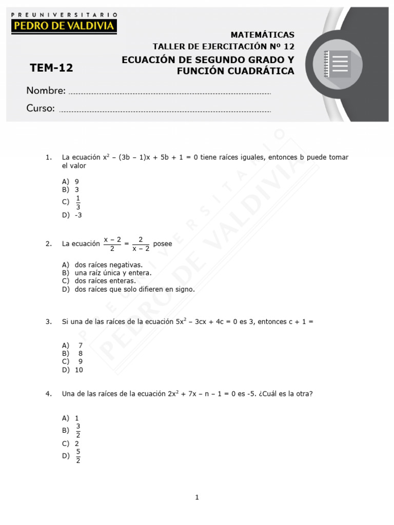 TEM-12 - Ec Segundo Grado, Función Cuadrática | Descargar gratis PDF | Ecuaciones | Matemáticas