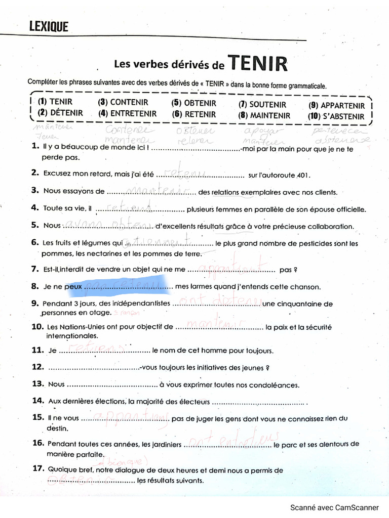 Dérivés du verbe TENIR | PDF