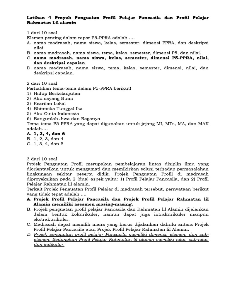 Latihan 4 Proyek Penguatan Profil Pelajar Pancasila Dan Profil Pelajar | PDF