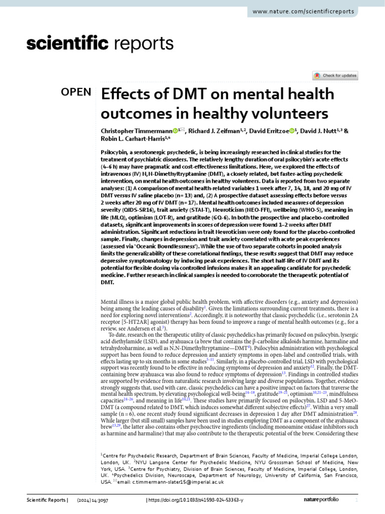 Efects of DMT On Mental Health | PDF | Psychedelic Drugs | Psilocybin