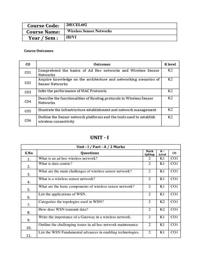 Wireless Sensor Networks Course Overview | PDF | Wireless Sensor Network | Wireless Network
