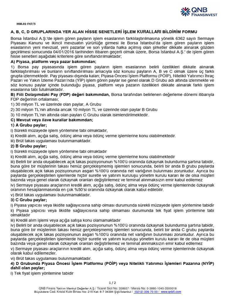 A B C D Gruplarinda Yer Alan Hisse Senetleri Islem Kurallarina Iliskin ...