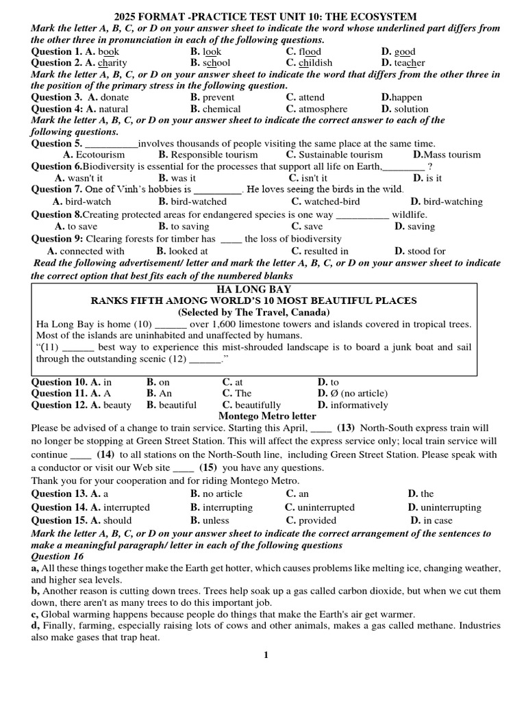 ĐỀ 4 - 2025 FORMAT-TEST UNIT 10 - ĐỀ | PDF | Biodiversity | Ecosystem