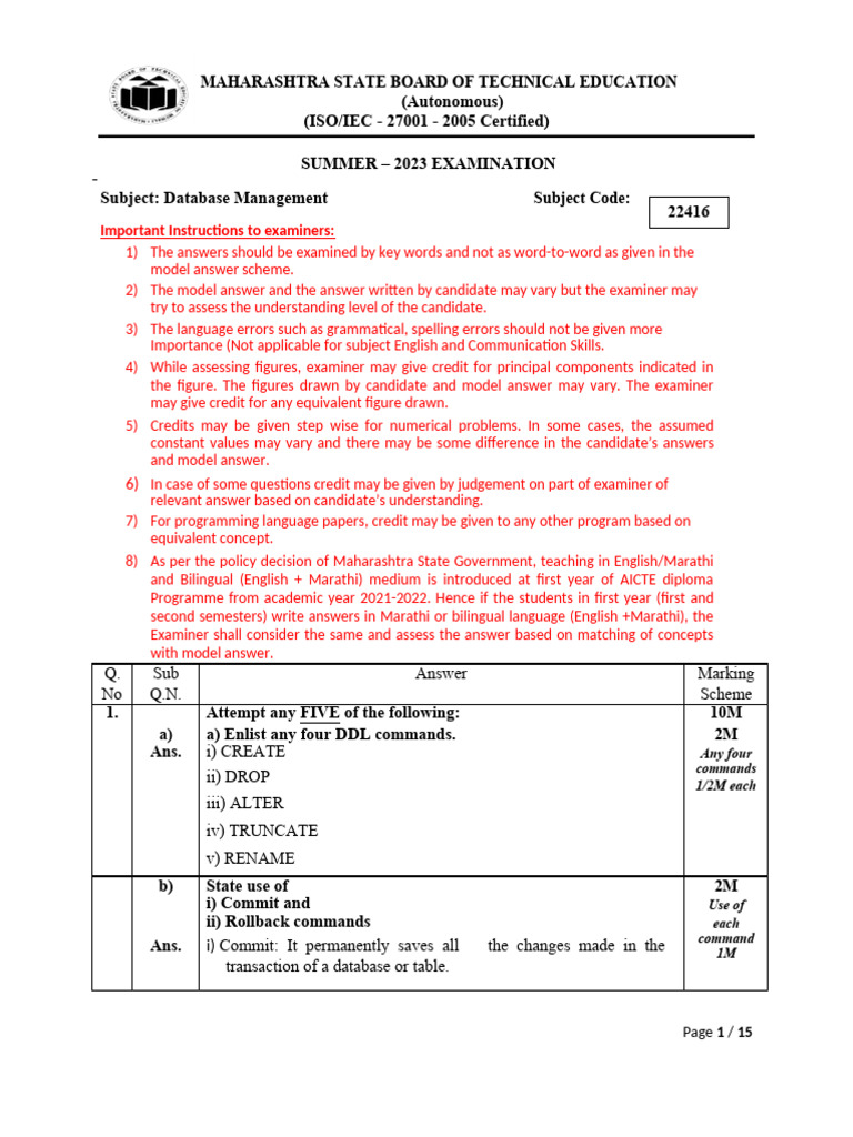 DMA Model Answer | PDF | Sql | Database Index