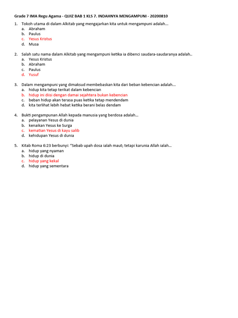 Grade 7 Agama 20200810 QUIZ BAB 1 KLS 7. INDAHNYA MENGAMPUNI | PDF | Olahraga & Rekreasi | Filsafat