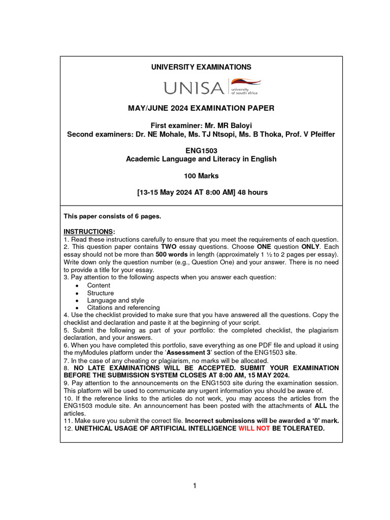 Eng1503 2024 Examination Question Paper | PDF | Plagiarism | Essays