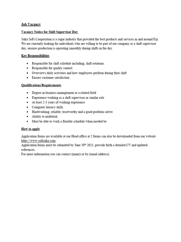Shift Supervisor Day Job Vacancy in Fiji | PDF | Supervisor | Employment