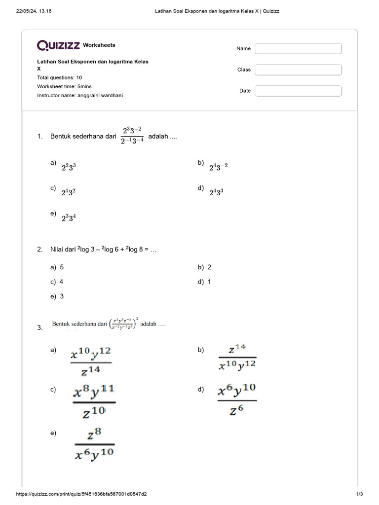 Latihan Soal Eksponen Dan Logaritma Kelas X - Quizizz | PDF | Metode & Bahan Ajar