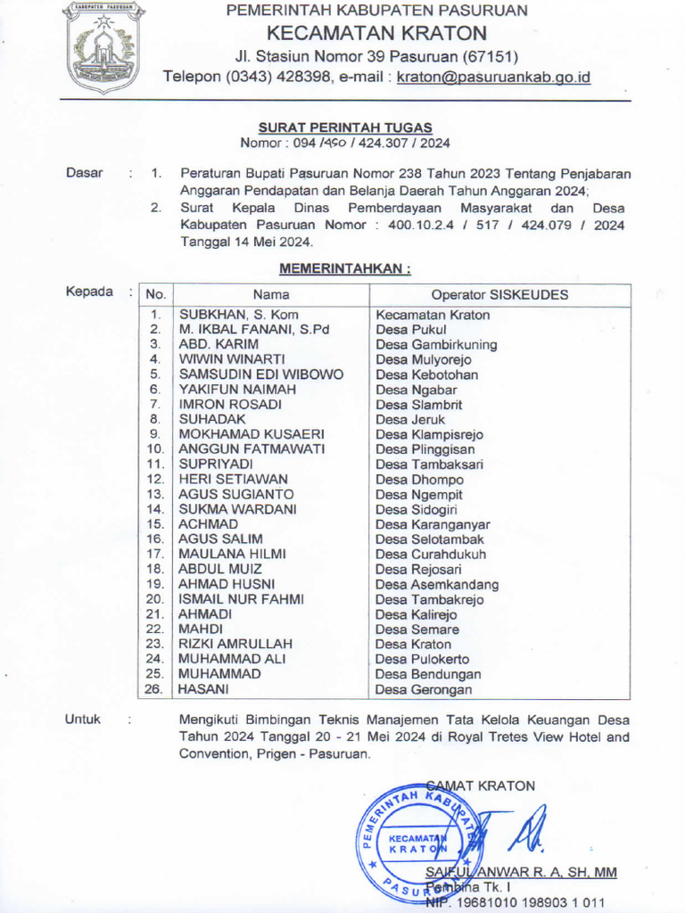 SPT Bimtek Tata Kelola Keuangan Desa Tahun 2024 | PDF