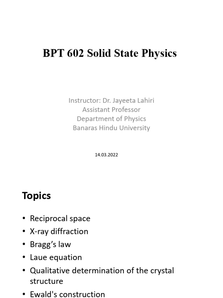 BPT 602 Lecture 13 Reciprocal Lattice | PDF | Diffraction | Analytical Chemistry