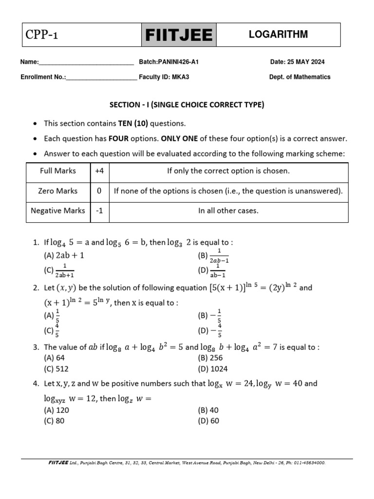 Panini426 A1 Logarithm Sheet 1 | PDF | Function (Mathematics) | Logarithm