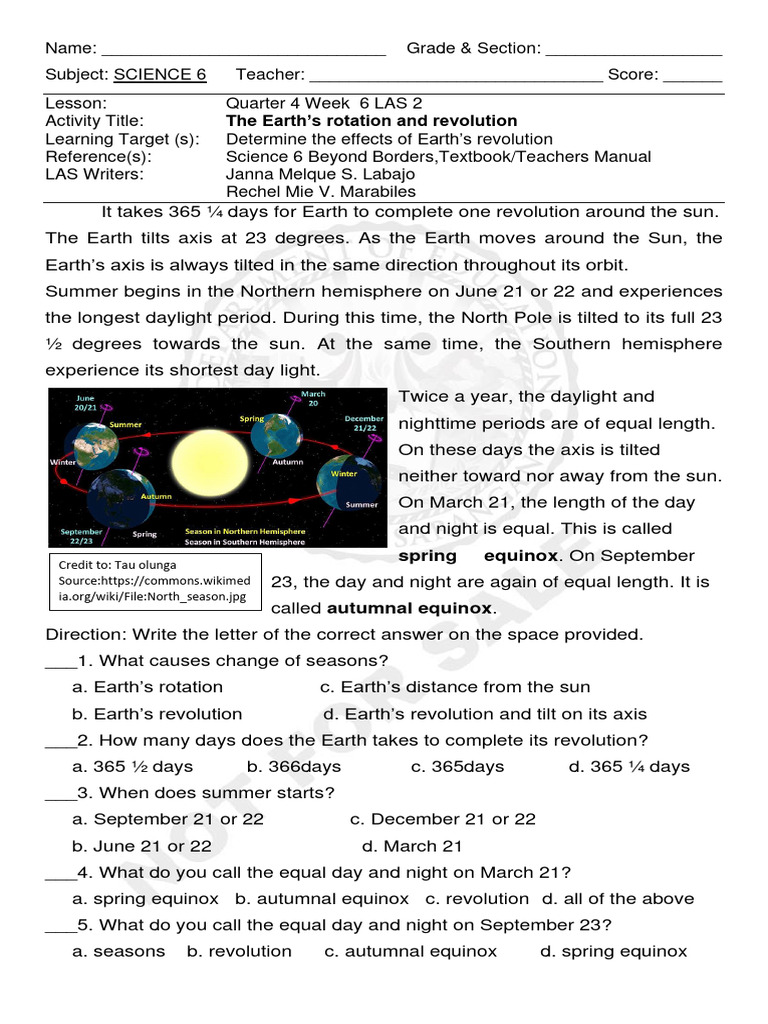 Q4 Science6 Week6 LAS-2 | PDF | Night | Earth Q4 Science6 Week6 LAS-2 | PDF | Night | Earth
