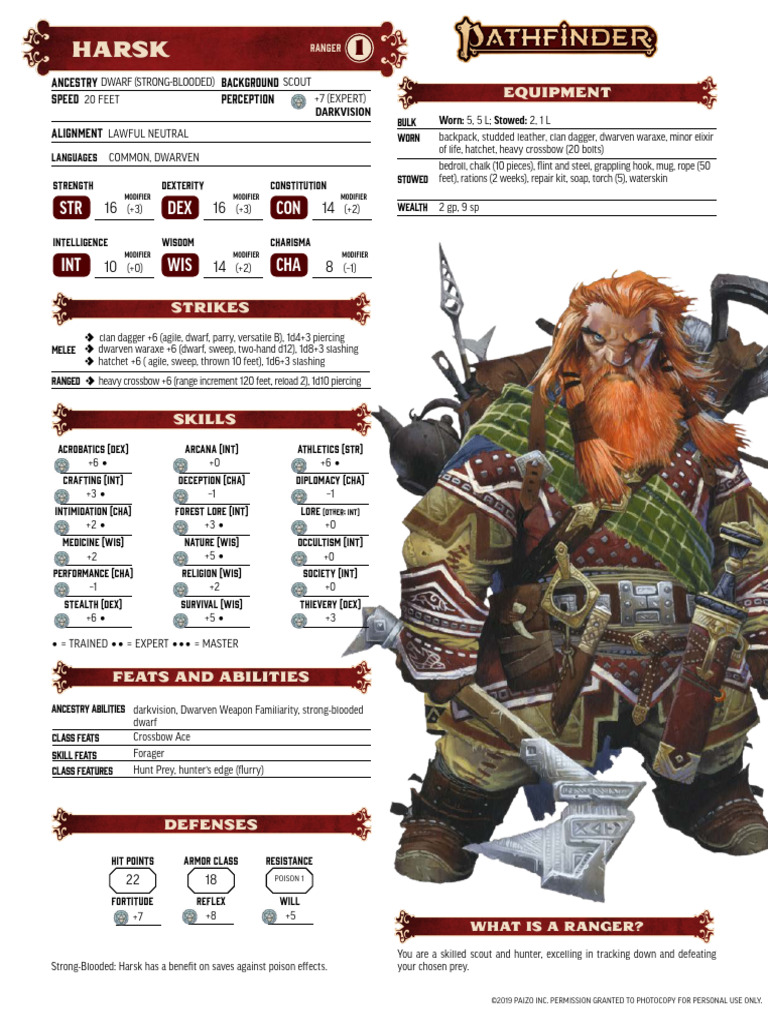 Harsk - Level 1 Ranger | PDF | Dwarf (Dungeons & Dragons)