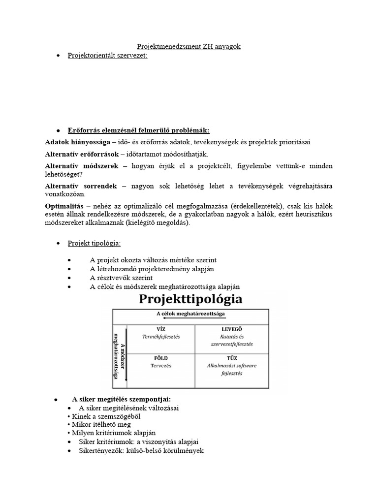 Projektmenedzsment ZH Anyagok | PDF