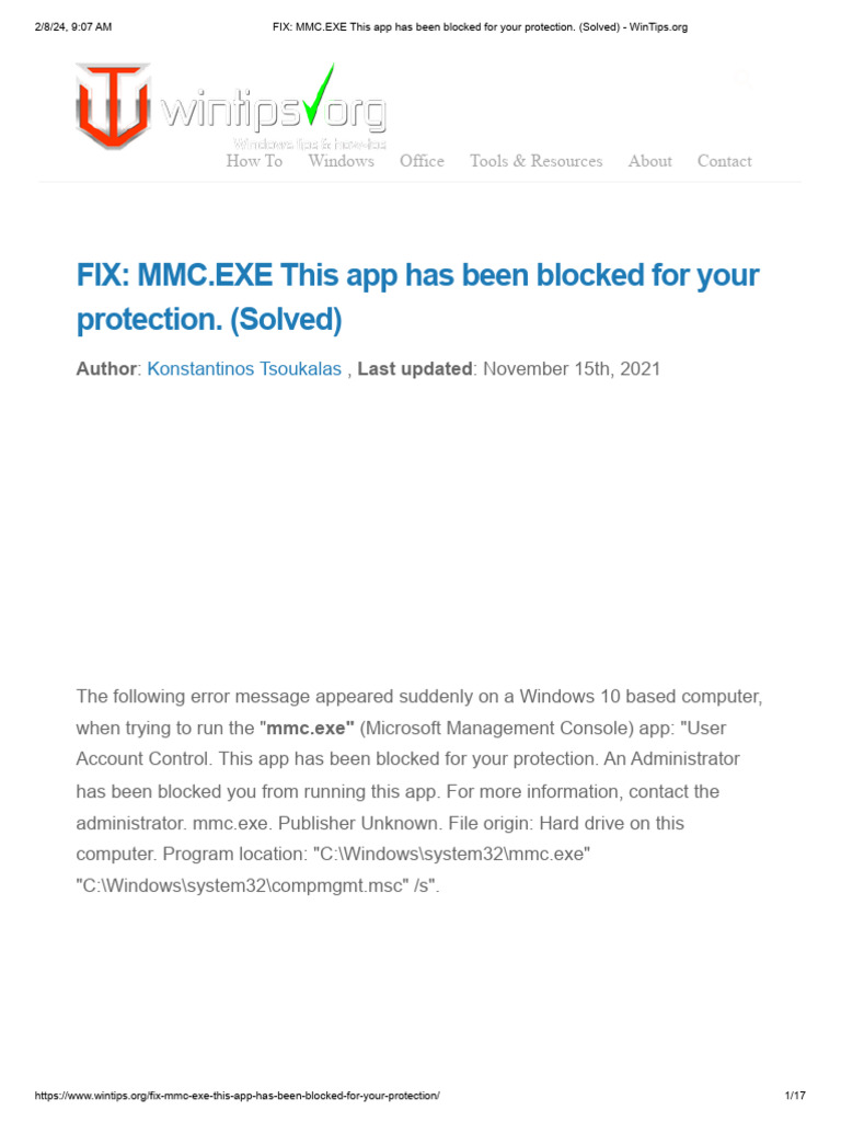 FIX - MMC - EXE This App Has Been Blocked For Your Protection. (Solved) | Download Free PDF ...