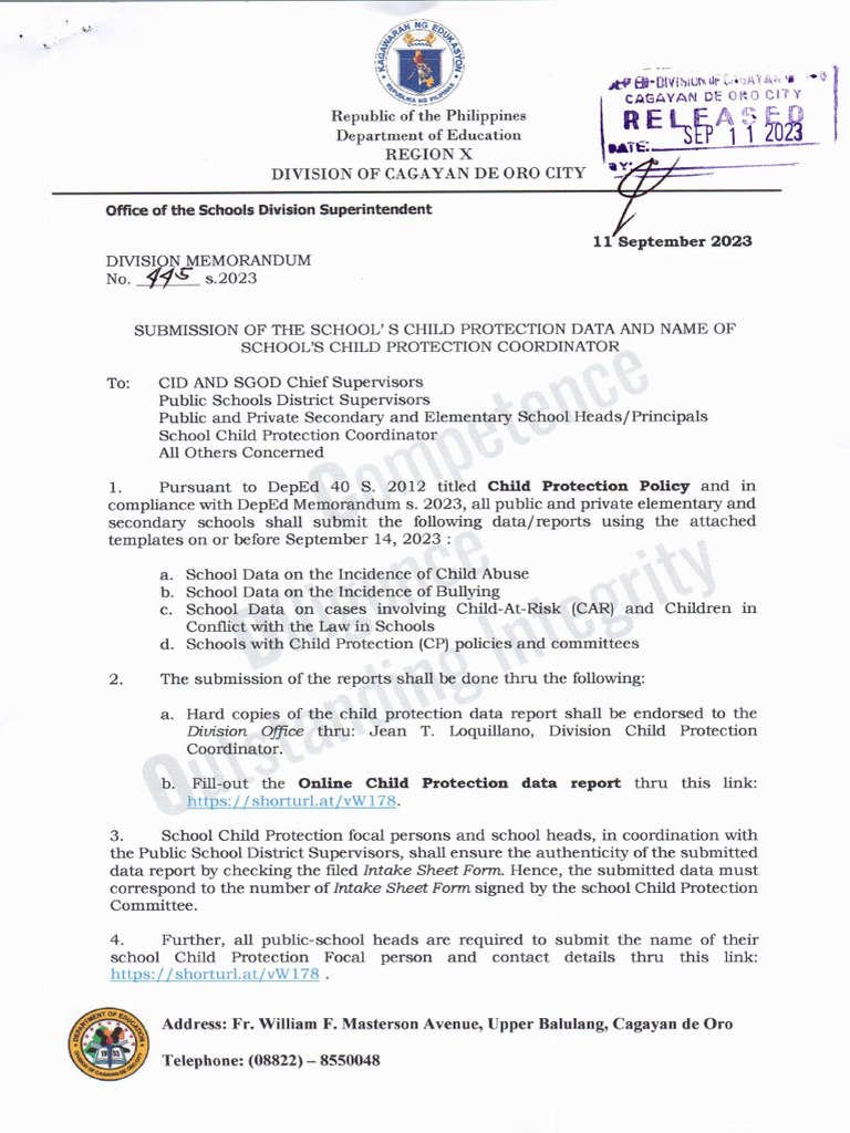 DM445s2023-Submission of The Schools Child Protection Data and Name of ...