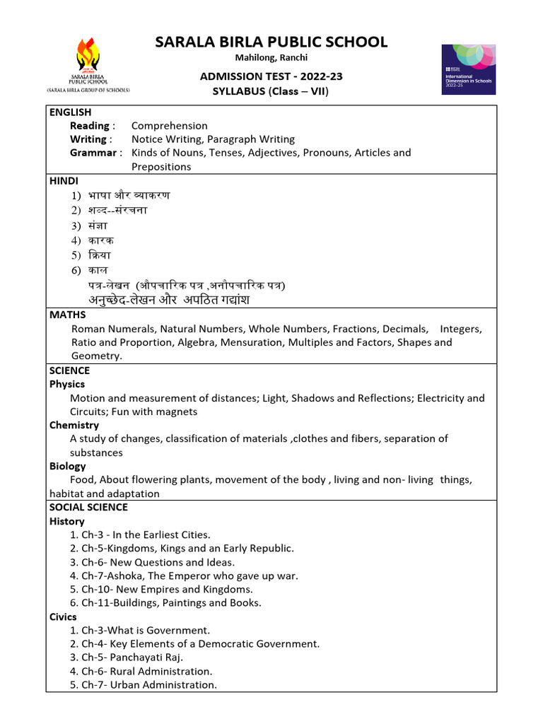 Class VII Admission Test Syllabus 2022-23 | PDF | Language Arts ...