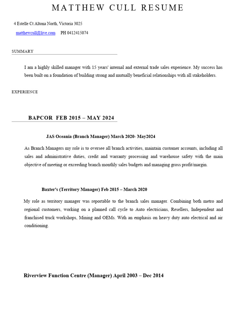 Matthew Cull Resume 2024 | PDF | Sales | Car