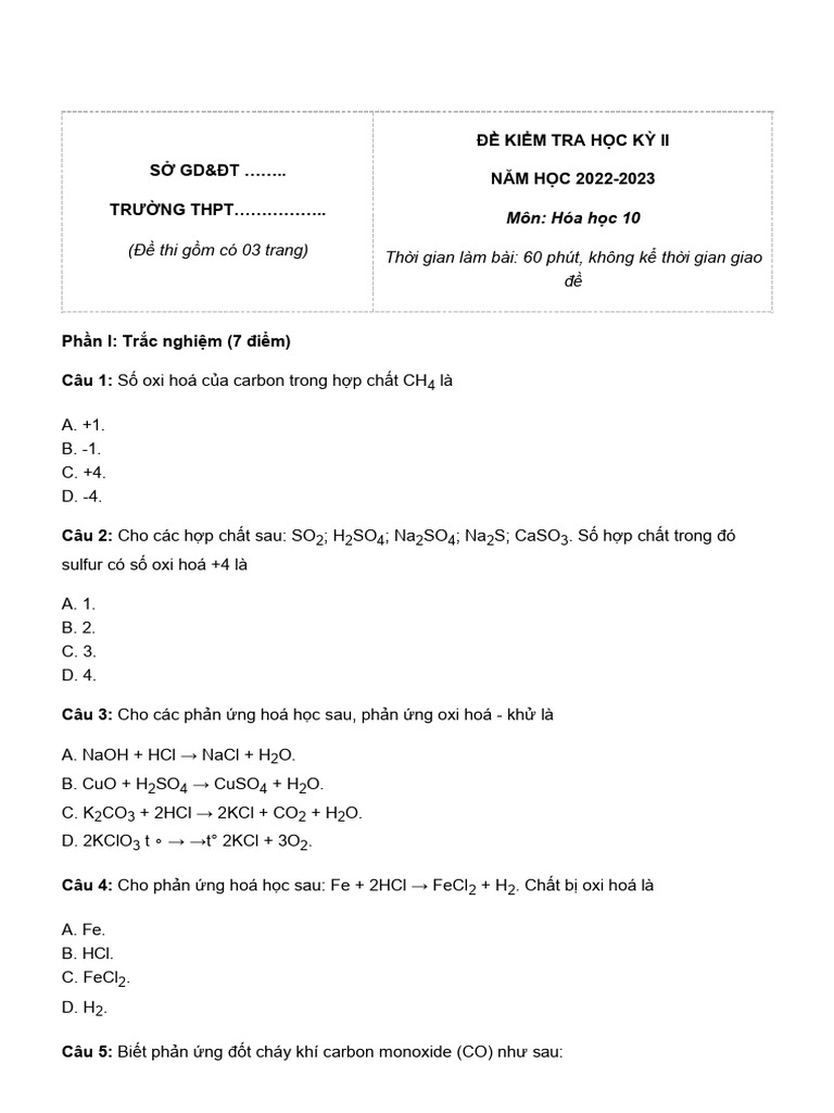 De Thi hk2 Hoa 10 KNTT de 1 | PDF