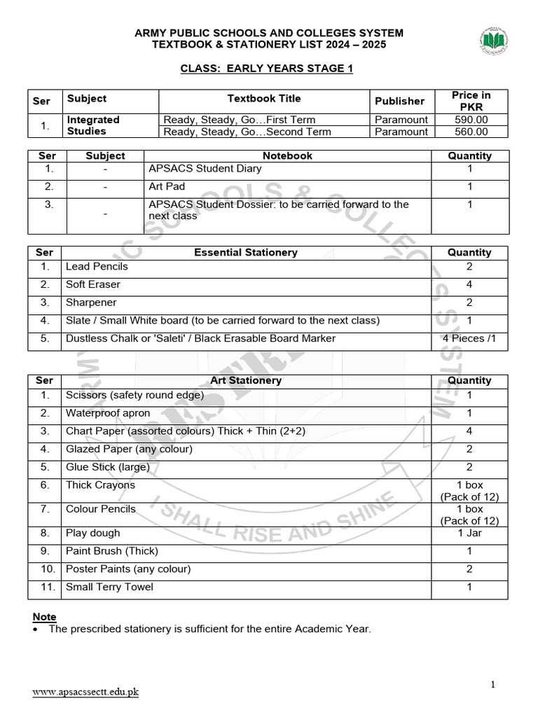 APSACS Book Stationery List CL EYS 1 X Session 2024 25 Dated 21 Mar 2024 | Download Free PDF ...