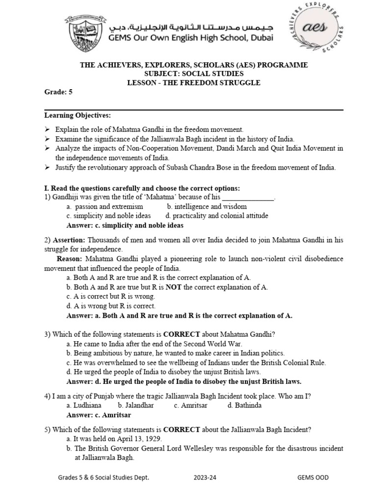 The Freedom Struggle - Worksheet-1 | PDF | Mahatma Gandhi | British Raj