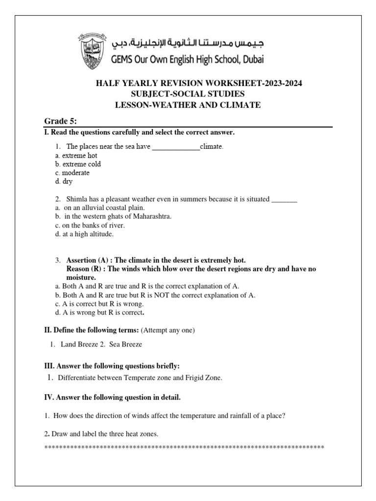 Grade 5 SST Revision Worksheet-Weather and Climate | Download Free PDF ...