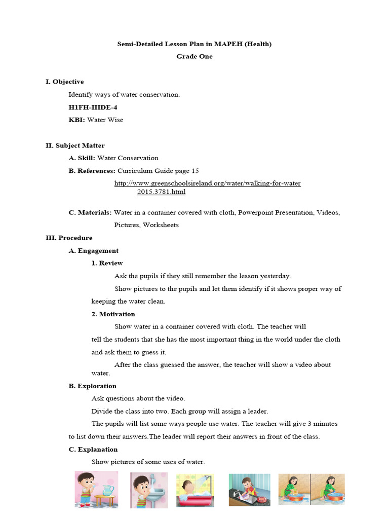 Water Conservation Lesson Plan for Grade 1 | PDF | Lesson Plan | Human ...