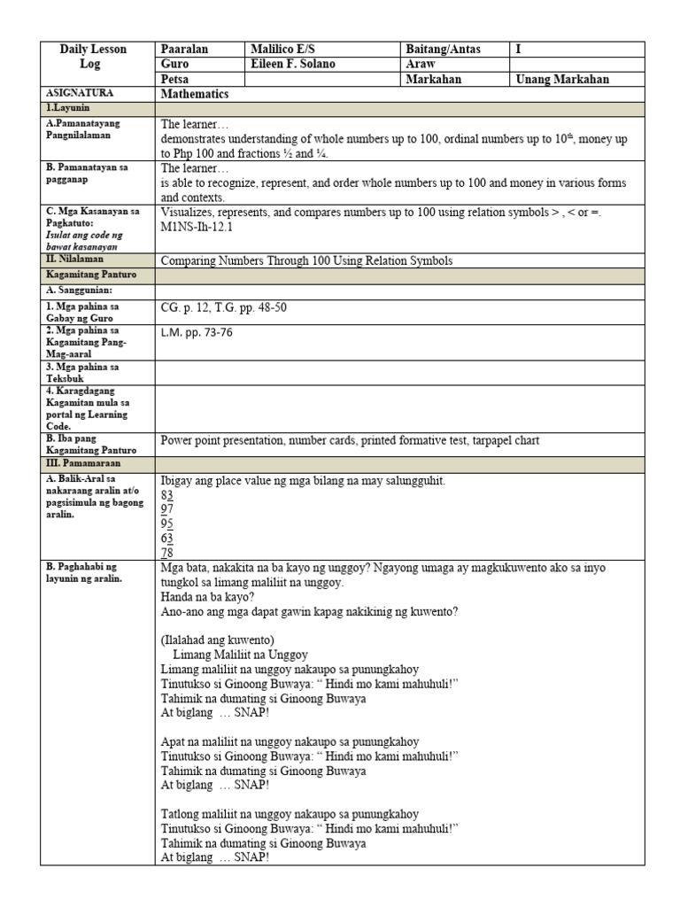 Math COT-Quarter 1-Comparing Numbers.docx · version 1 | PDF