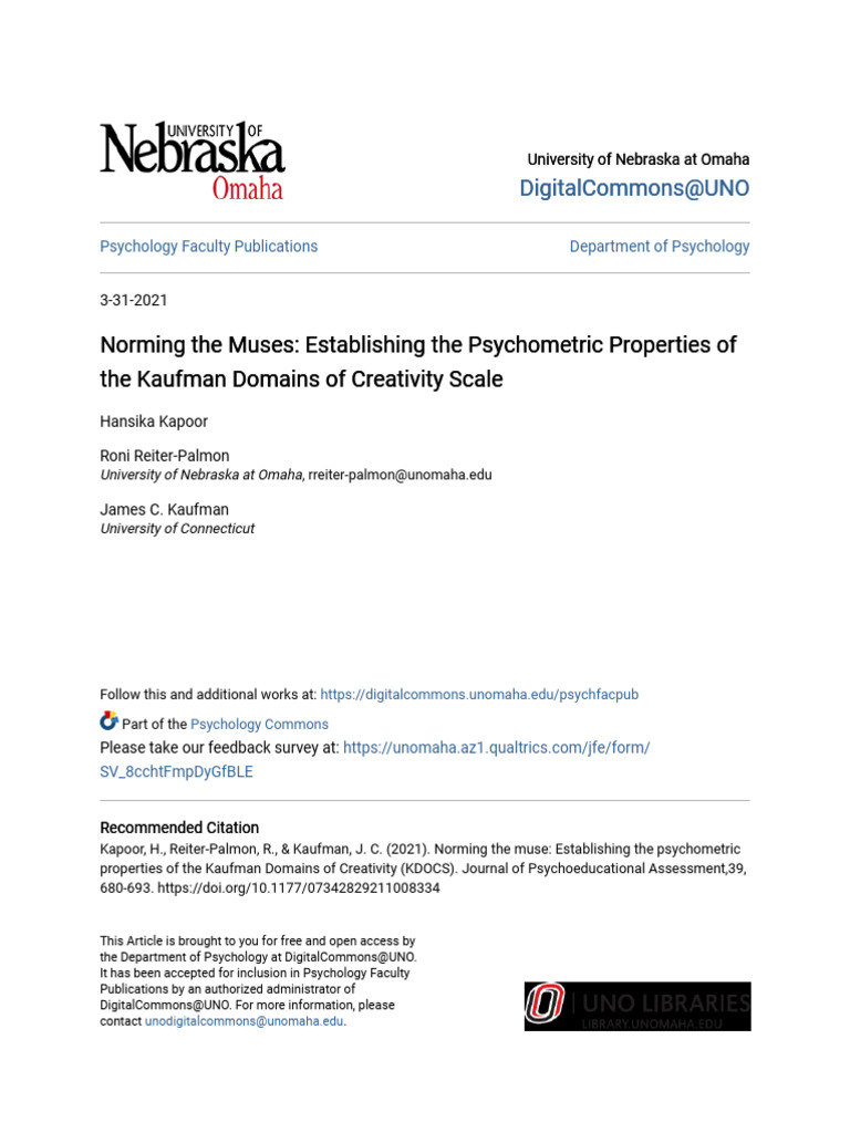 Norming The Muses - Establishing The Psychometric Properties of TH | PDF | Creativity | Validity ...